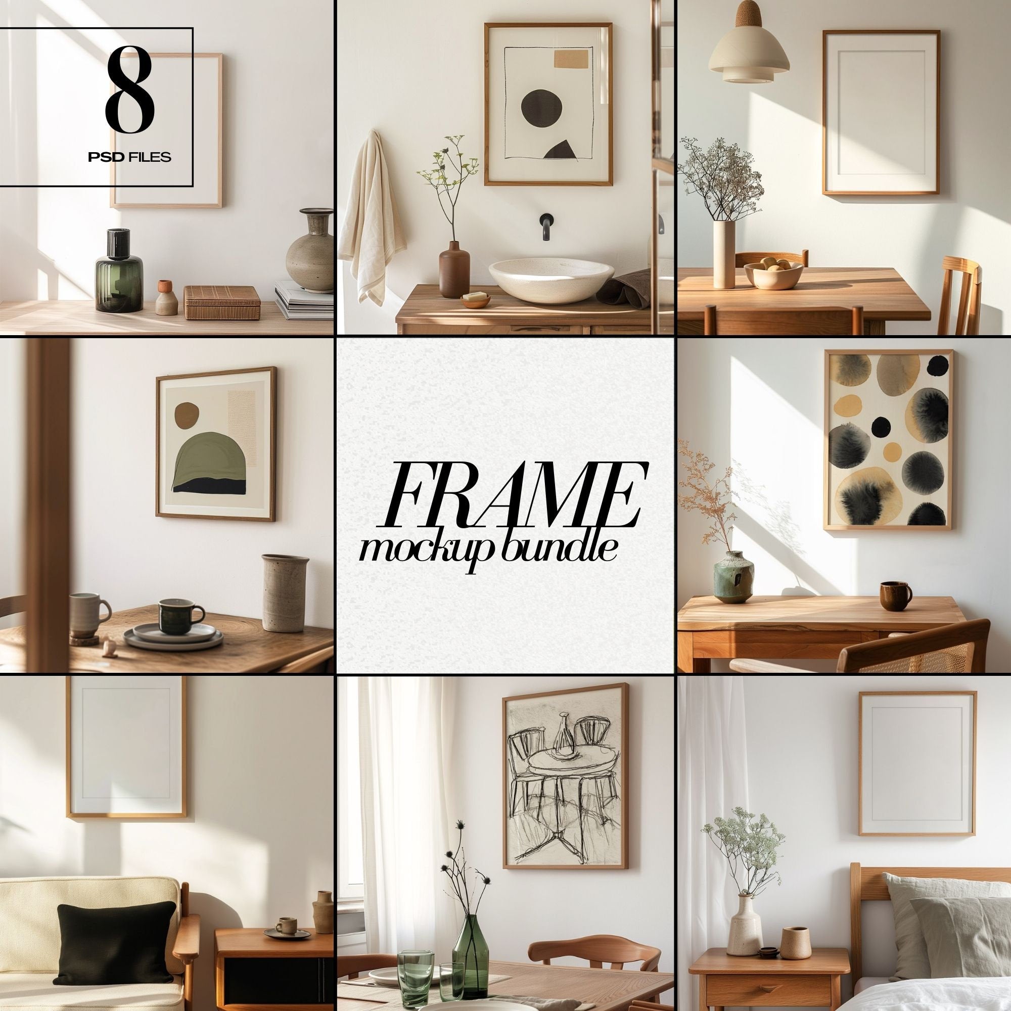 Modern Frame Mockup Bundle PSD Japandi Interior Style Wooden Frames Mo ...